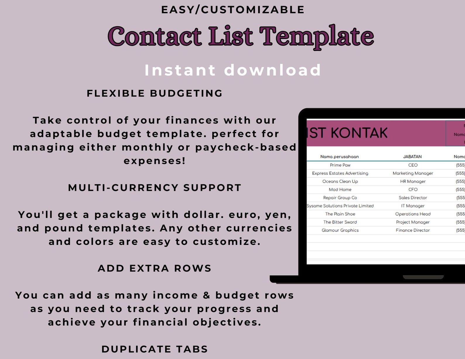 Contact List Template for Google Sheets, Editable Digital Download ...