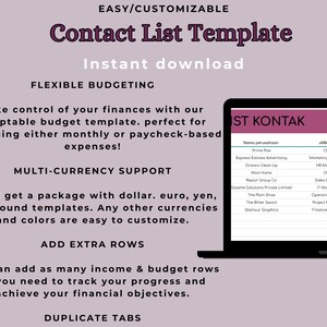 Contact List Template for Google Sheets, Editable Digital Download ...