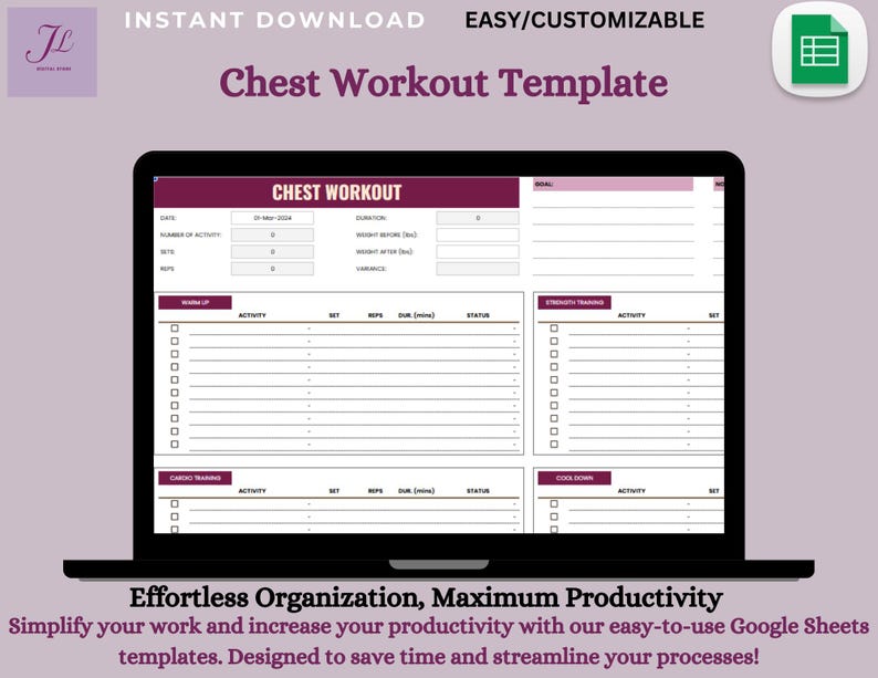 Chest Workout Template: Editable Fitness Tracker (digital Download ...