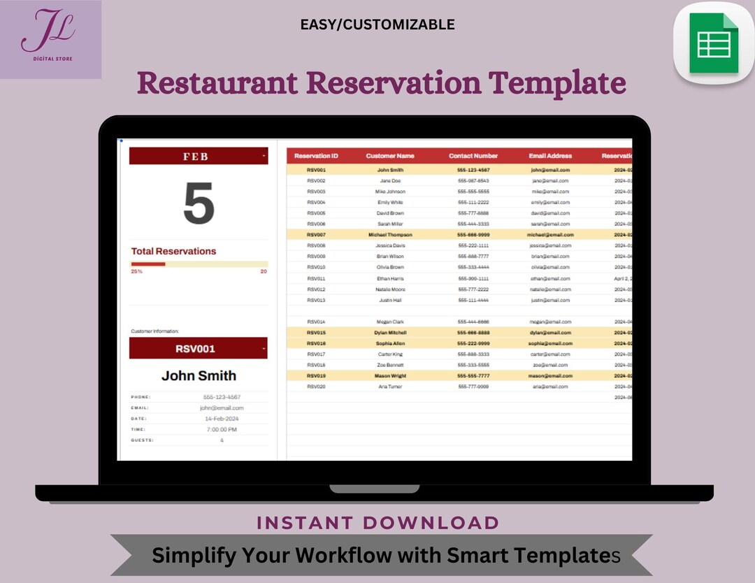 Restaurant Reservation Template: Editable Google Sheets (digital ...