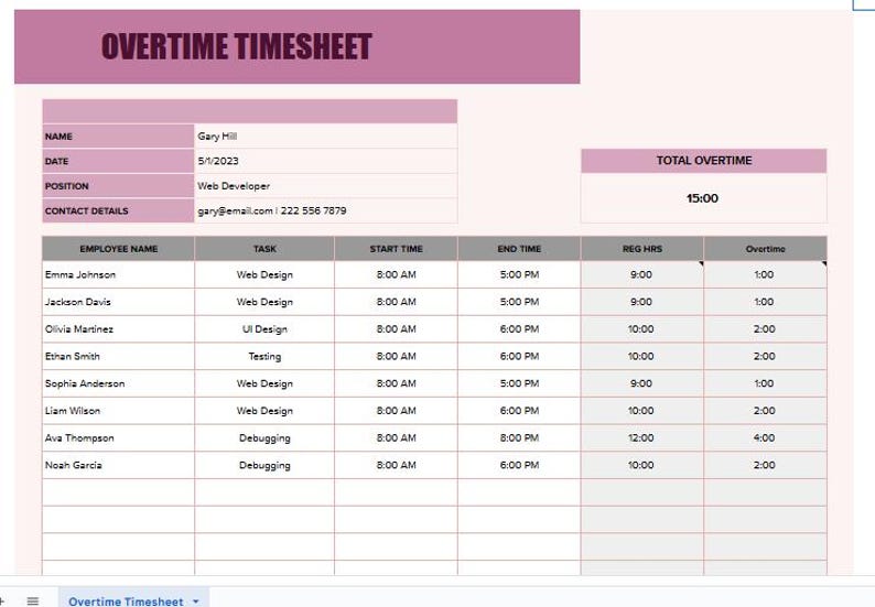 Overtime Timesheet Template for Google Sheets, Editable Digital ...
