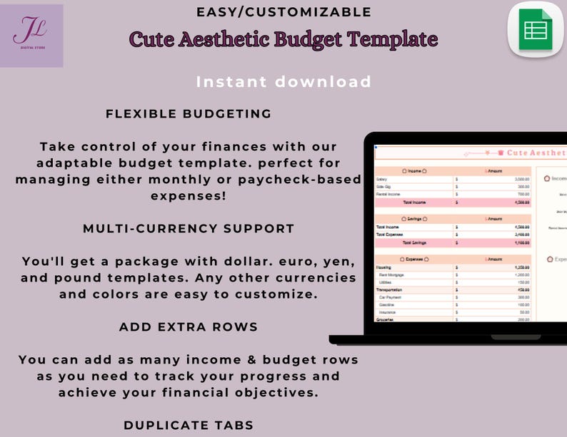 Cute Aesthetic Budget Template – Digital Download, Editable Google ...