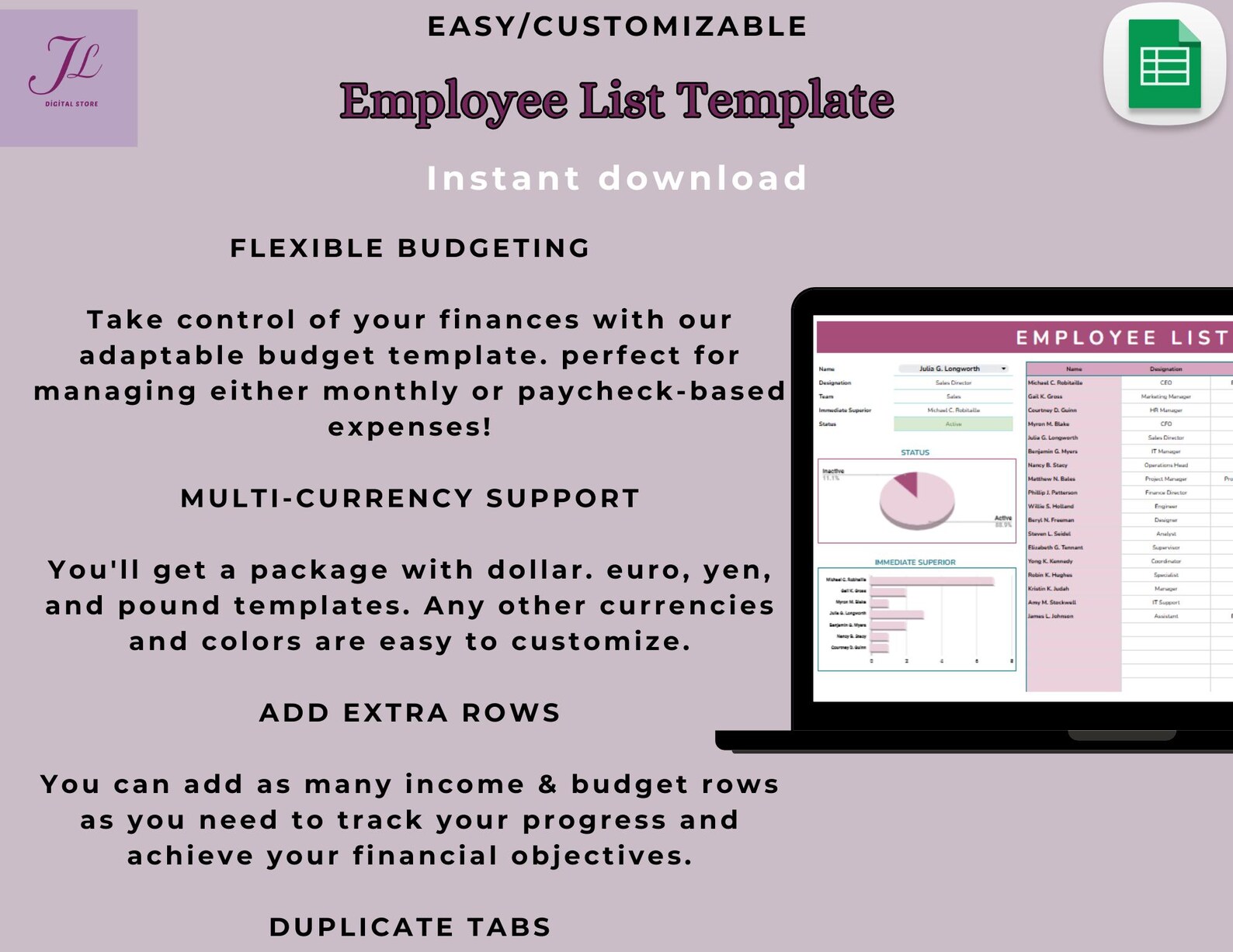 Employee List Template – Digital Download, Editable Google Sheets for ...