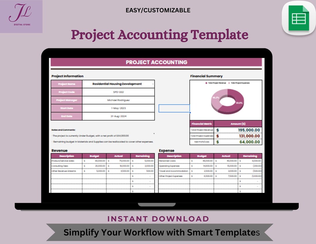 Project Accounting Template: Editable Budget & Expense Tracker (google ...