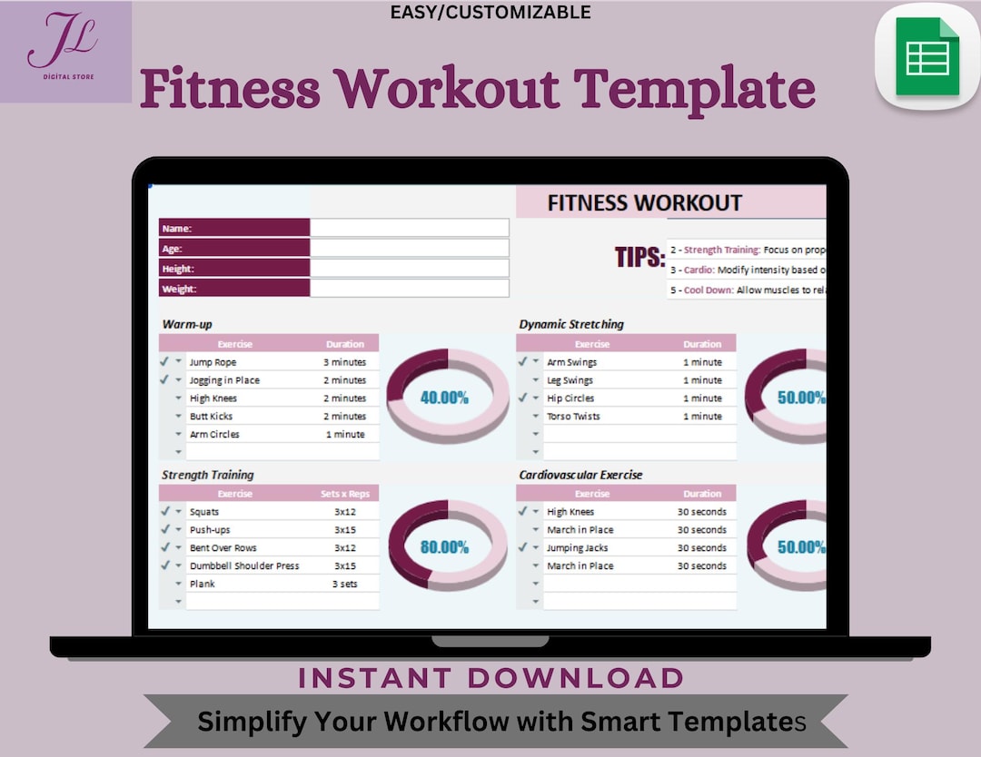 Fitness Workout Template, Digital Download, Fitness Planner, Fitness ...
