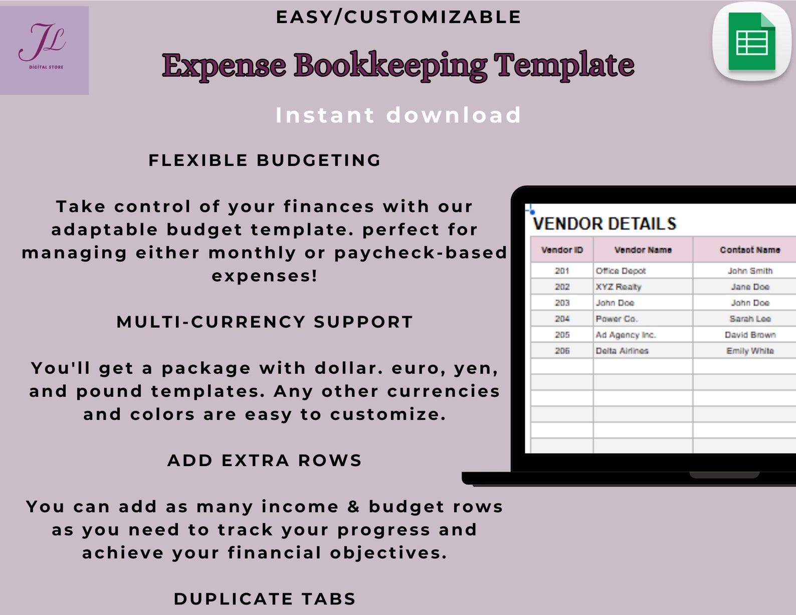 Expense Bookkeeping Template – Digital Download, Editable Google Sheets ...