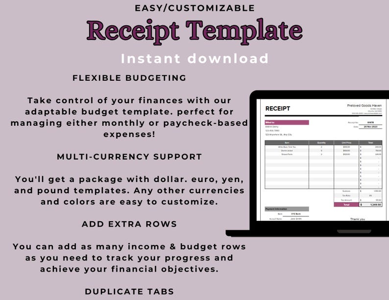 Receipt Template for Google Sheets, Invoice Template,digital Receipt ...