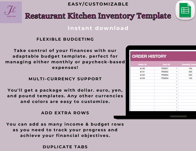 Restaurant Kitchen Inventory Template – Editable Google Sheets, Digital ...