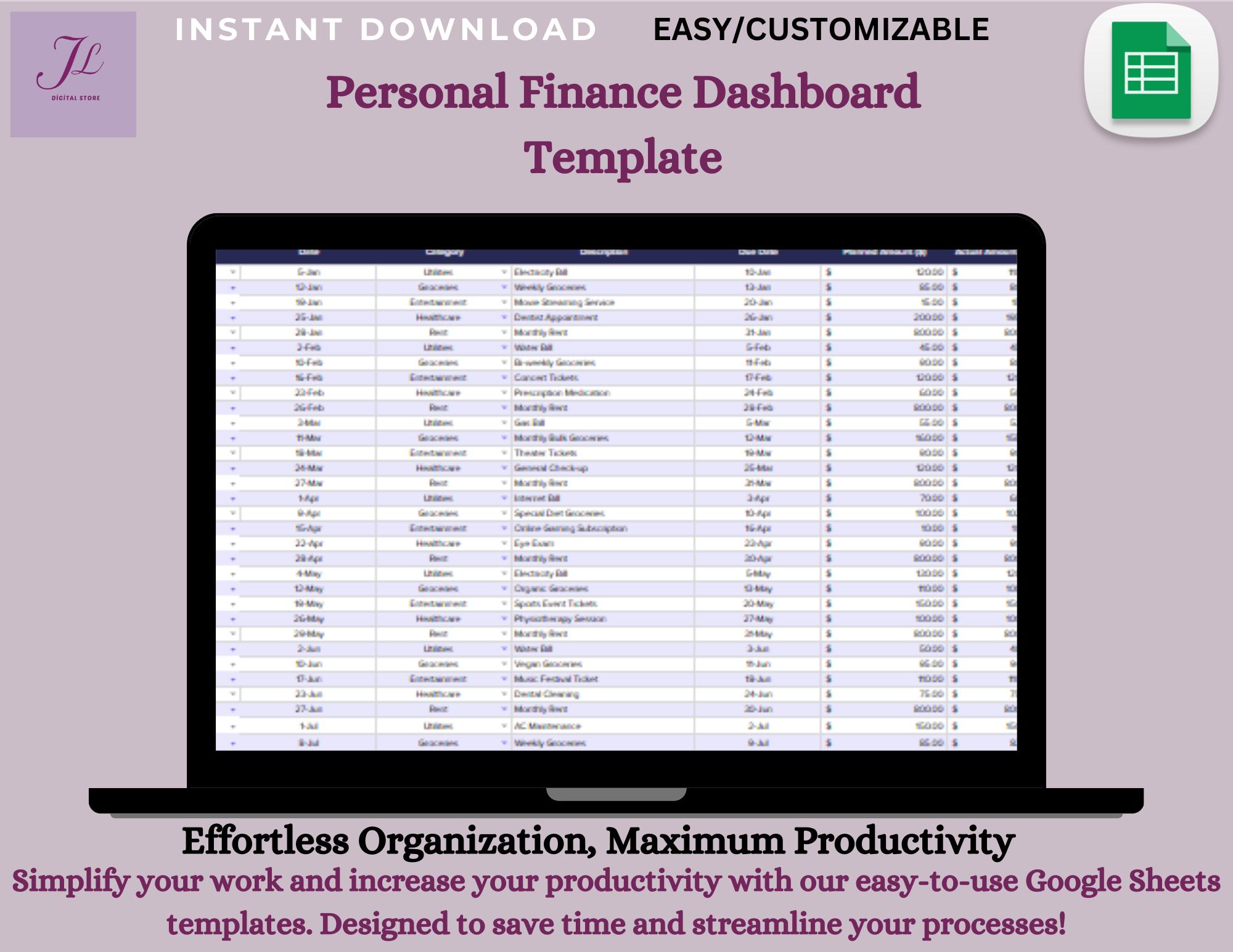 Personal Finance Dashboard Template – Digital Download, Editable Google ...