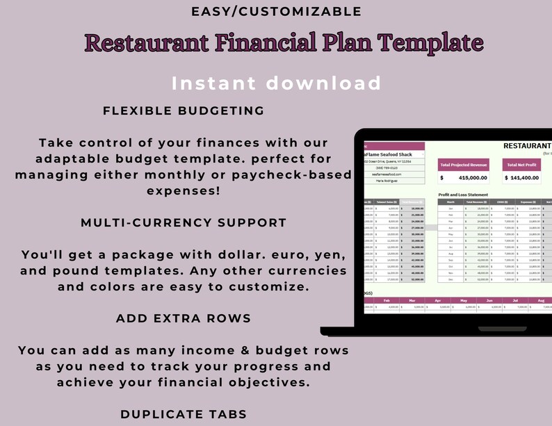 Restaurant Financial Plan Template for Google Sheets, Editable Digital ...