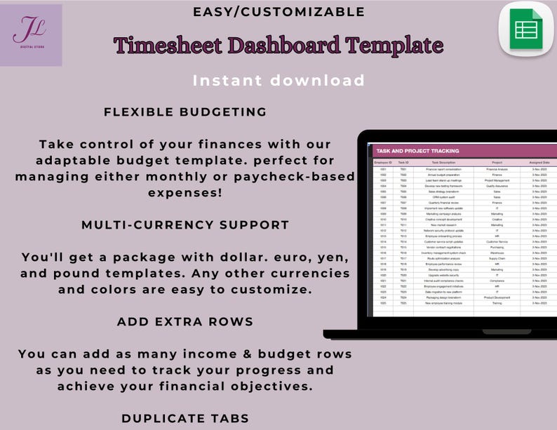 Timesheet Dashboard Template – Editable Google Sheets, Digital Download ...