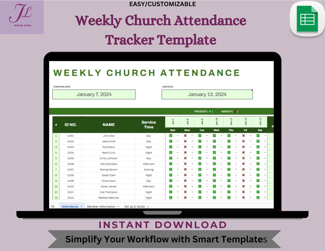 Weekly Church Attendance Tracker Template – Digital Download, Editable ...