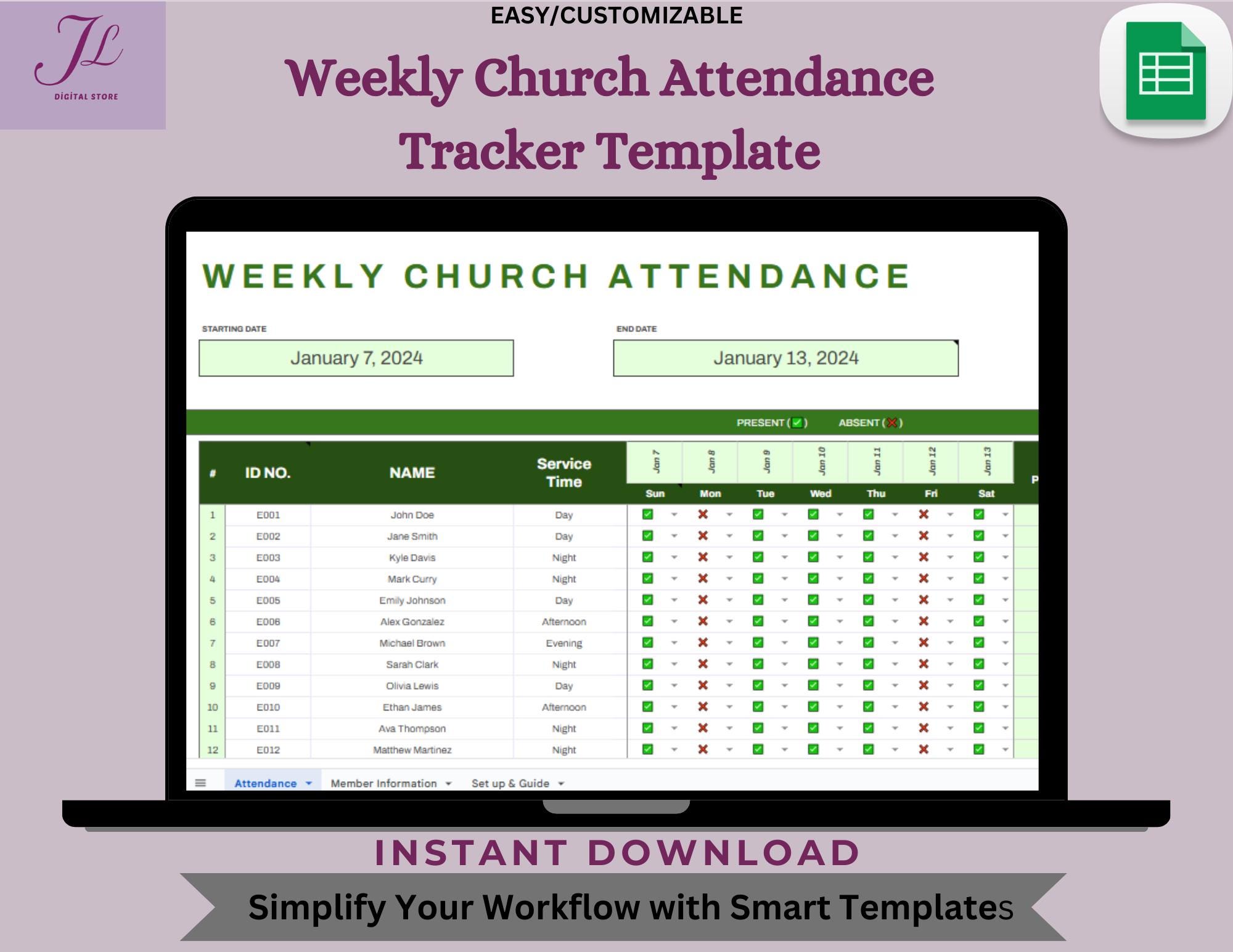 Weekly Church Attendance Tracker Template – Digital Download, Editable ...