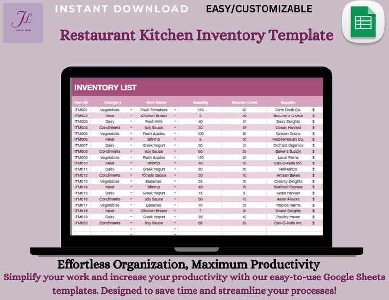 Restaurant Kitchen Inventory Template – Editable Google Sheets, Digital ...