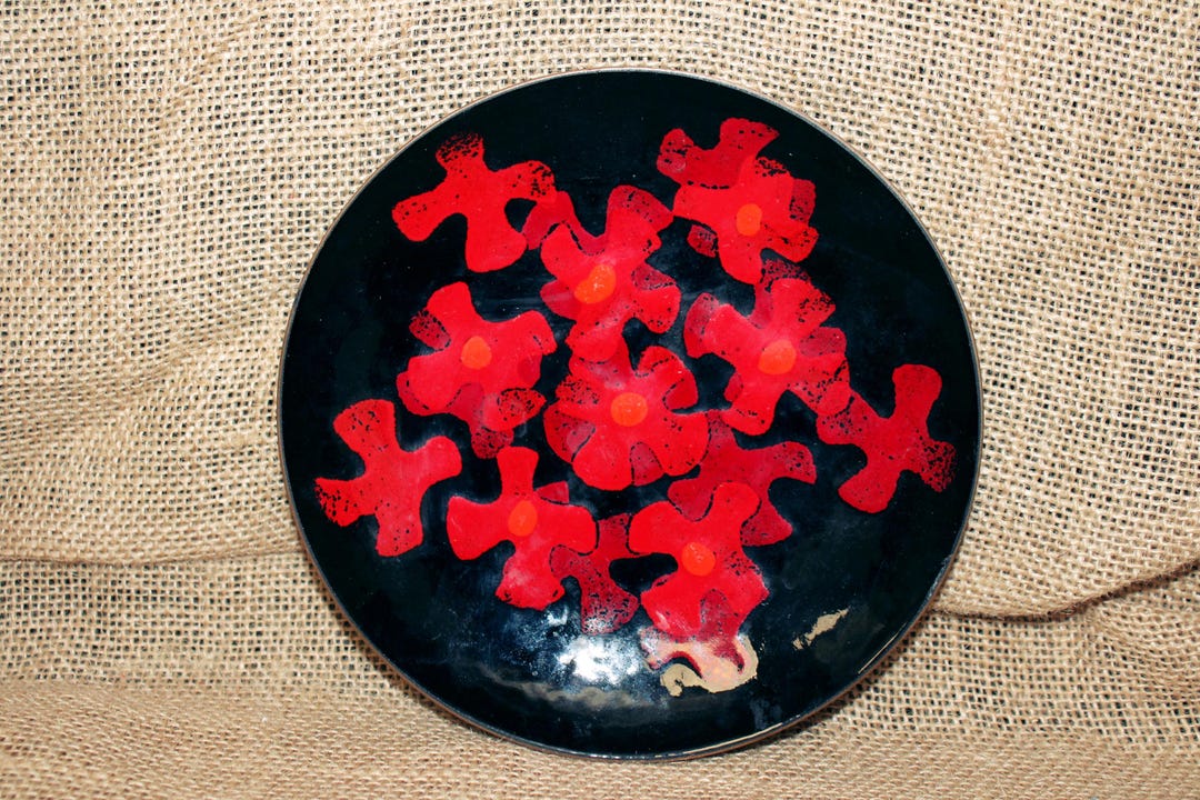 Bovano Enamel on Metal Red Flower Trinket Dish, Black Background ...