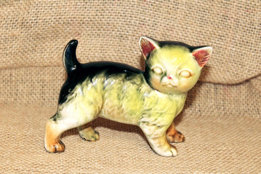 Tabby Cat Figurine, Stocky, Kitty, Yellow, Brown, Black, Curved Tail ...