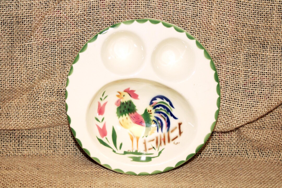 Rooster Egg Bowl, Cardinal China, Made in USA, Two Holders, Multicolor ...