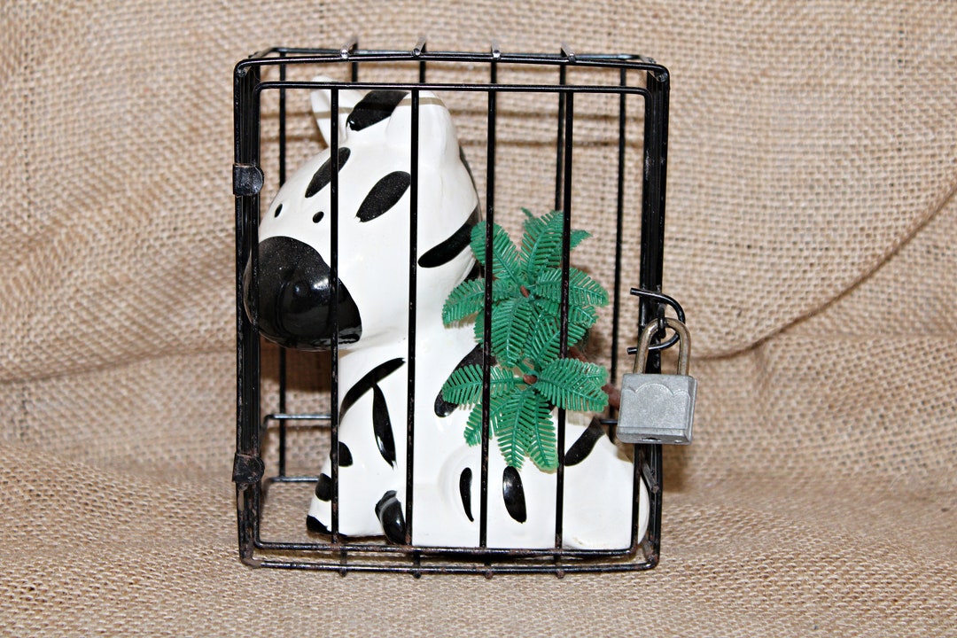 Caged Zebra Coin Bank, Palm Tree, Lock, Made in Taiwan, Zoo Theme ...