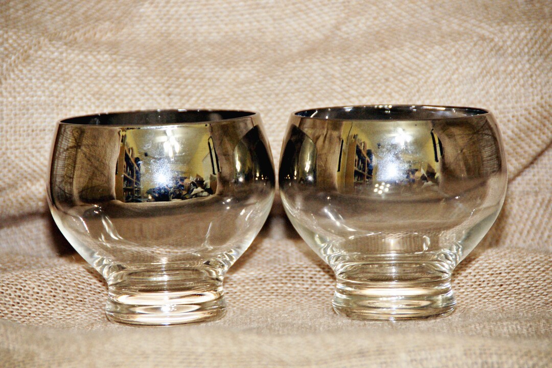 Metallic Rim Footed Rocks Glasses Pair, Set of 2, Heavy Glass, Silver ...