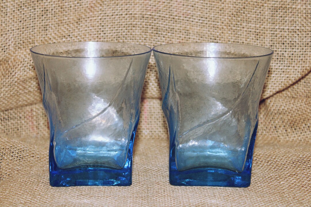 Blue Aqua Water Glasses, Wave Motif, Twist Design, Square Bottom, Juice ...