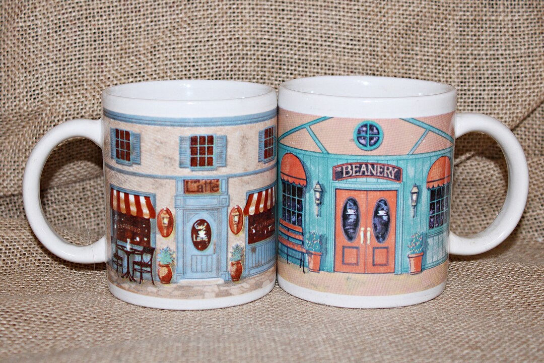 Coffee Shop Mug Set, Mismatched Pair, Cafe Latte, the Beanery, BI Inc ...