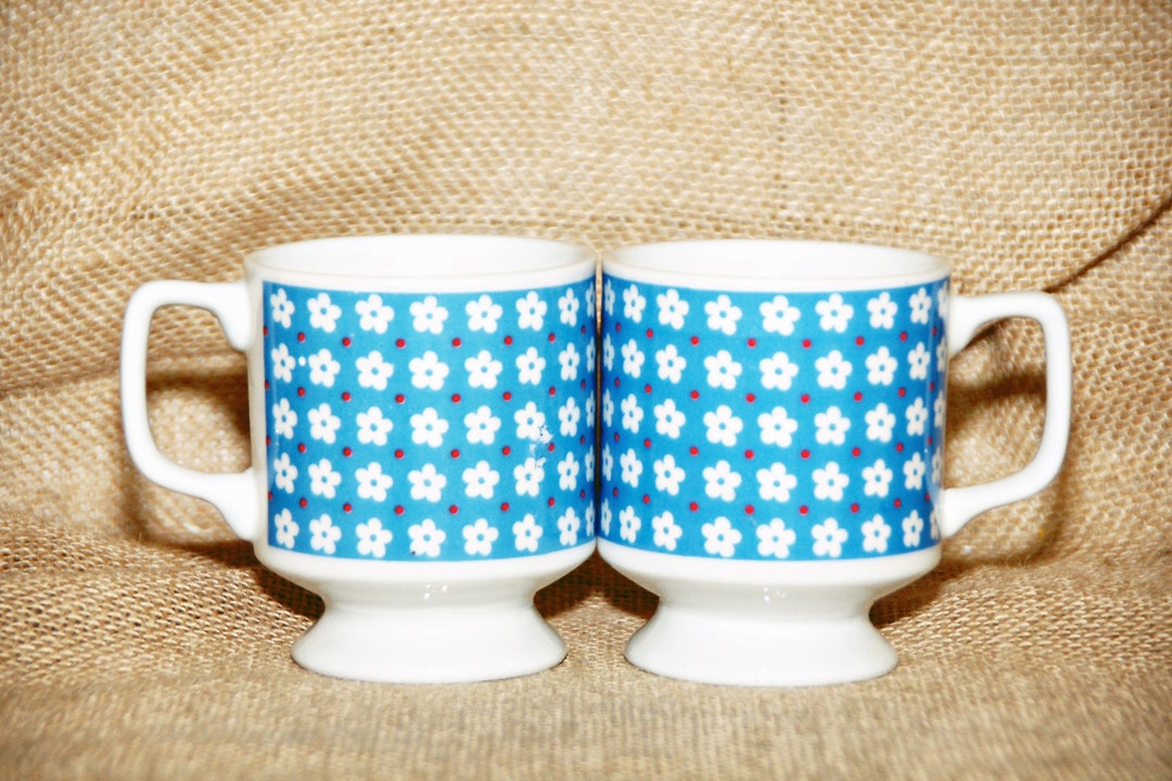 NEVCO Blue and White Floral Footed Mugs, Set of 2, Made in Japan, Daisy ...