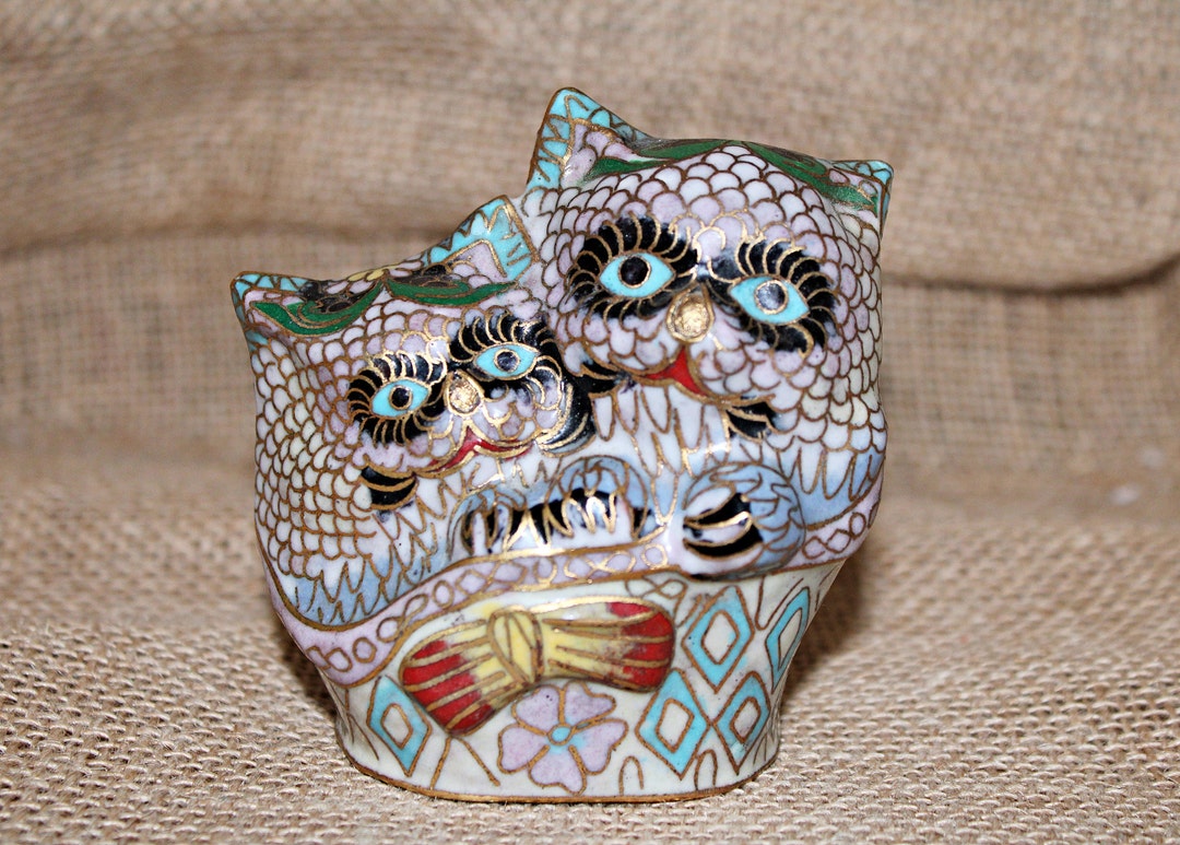 Cloisonne Cats in Basket Figurine, Geometric Designs, Floral Details ...