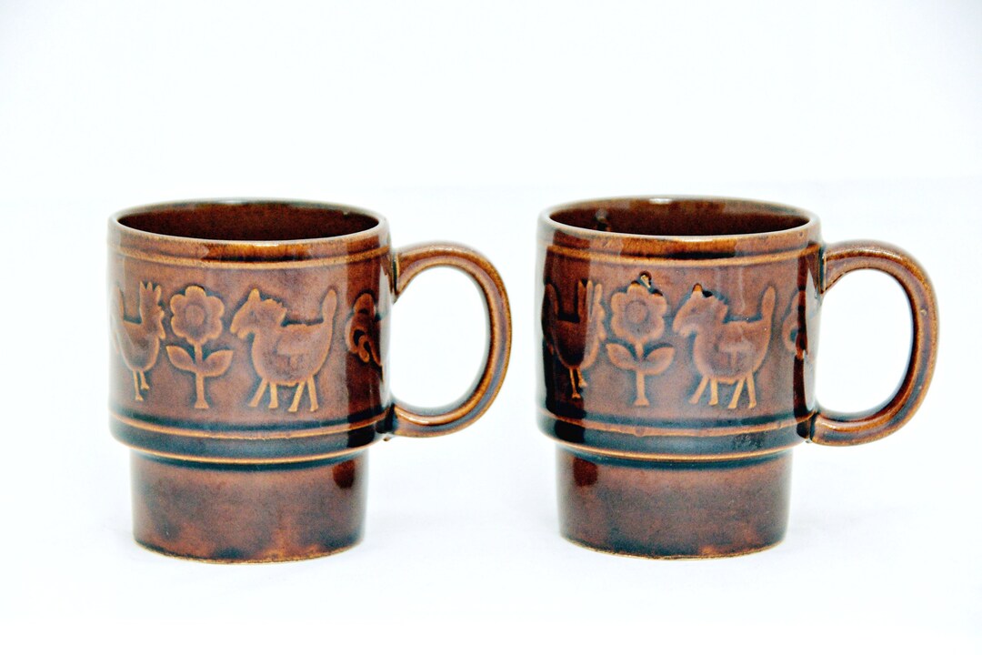 Farm Animals Stacking Mug, Set of 2, Floral, Brown, C Handle, Made in ...