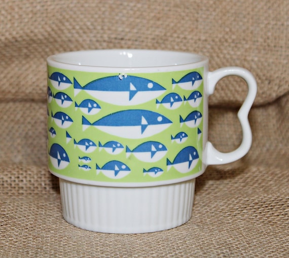 Blue and White Fish Stacking Mug Two Finger Handle Made in - Etsy