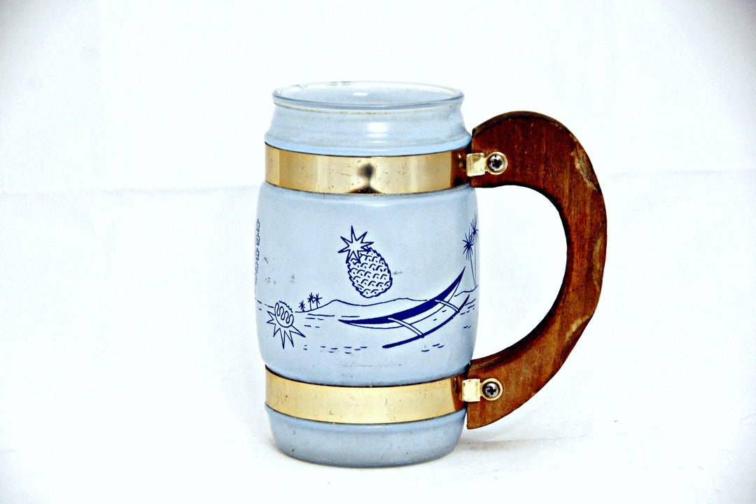 Siesta Ware Barrel Mug, Blue, Wood Handle, Brass Trim, Tropical ...
