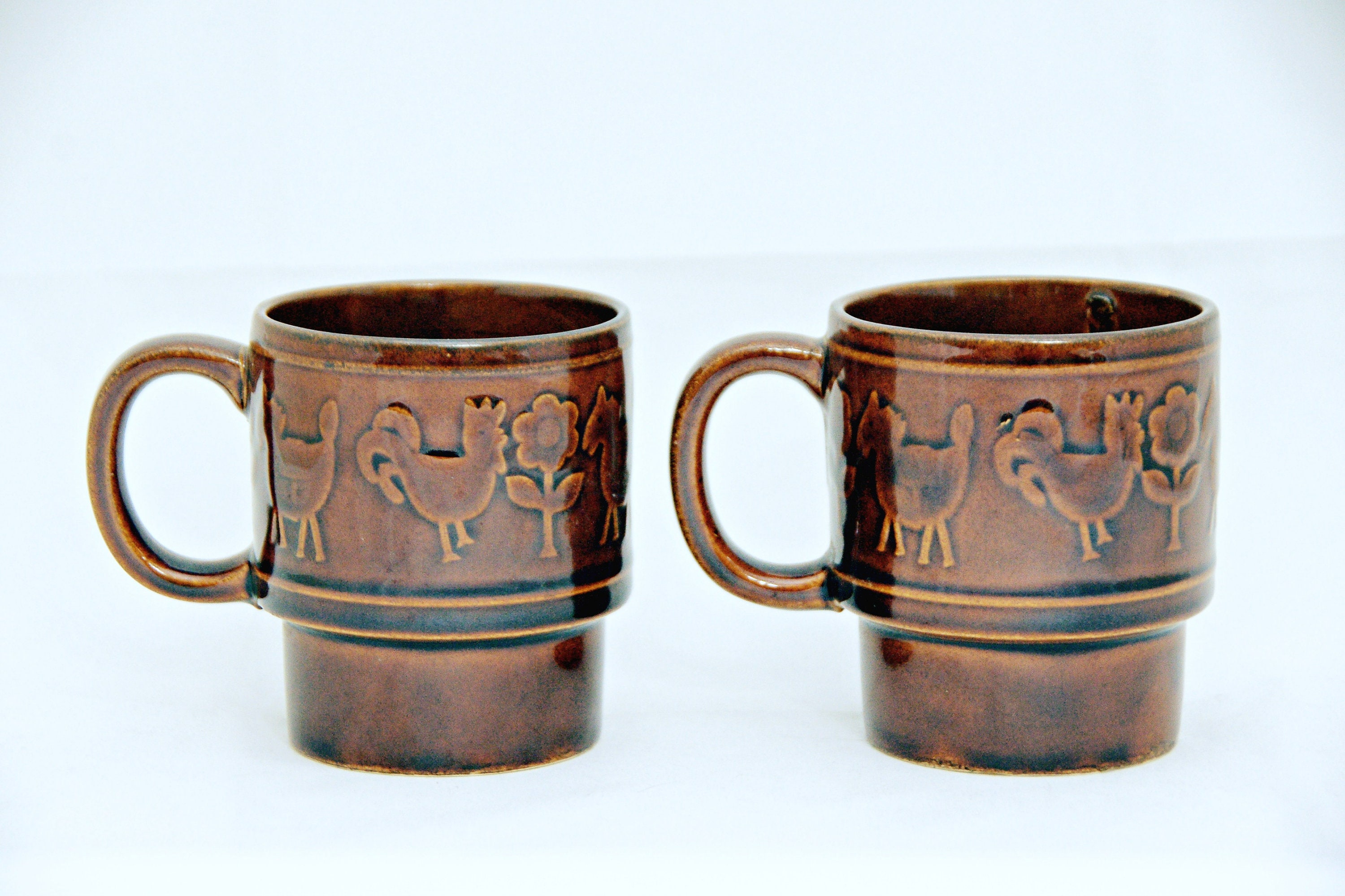 Farm Animals Stacking Mug, Set of 2, Floral, Brown, C Handle, Made in ...