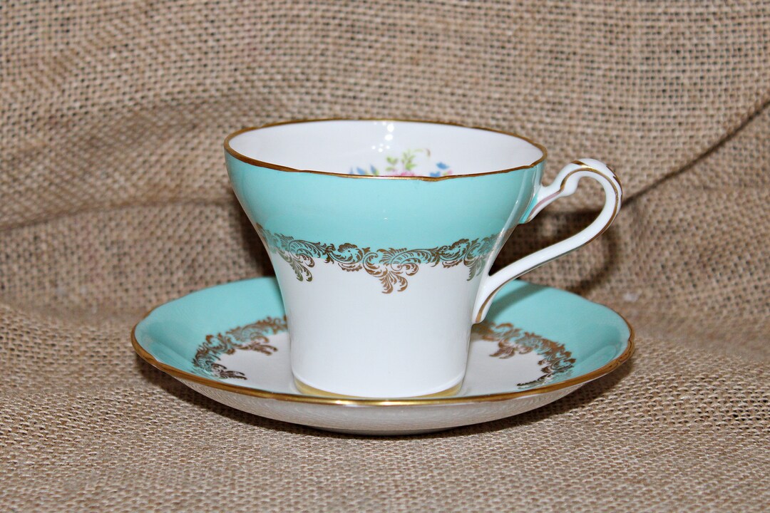 Royal Stafford Corset Style Aqua and Floral Tea Cup and Saucer Set ...