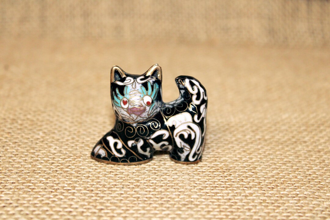 Cloisonne Cat Figurine, Black, Gilding, White Swirls, Blue Eyelashes ...