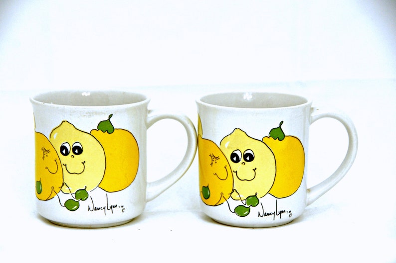 Smiling Lemon Mugs, Set of Two, Nancy Lynn, Signed, Trademarked, Yellow ...