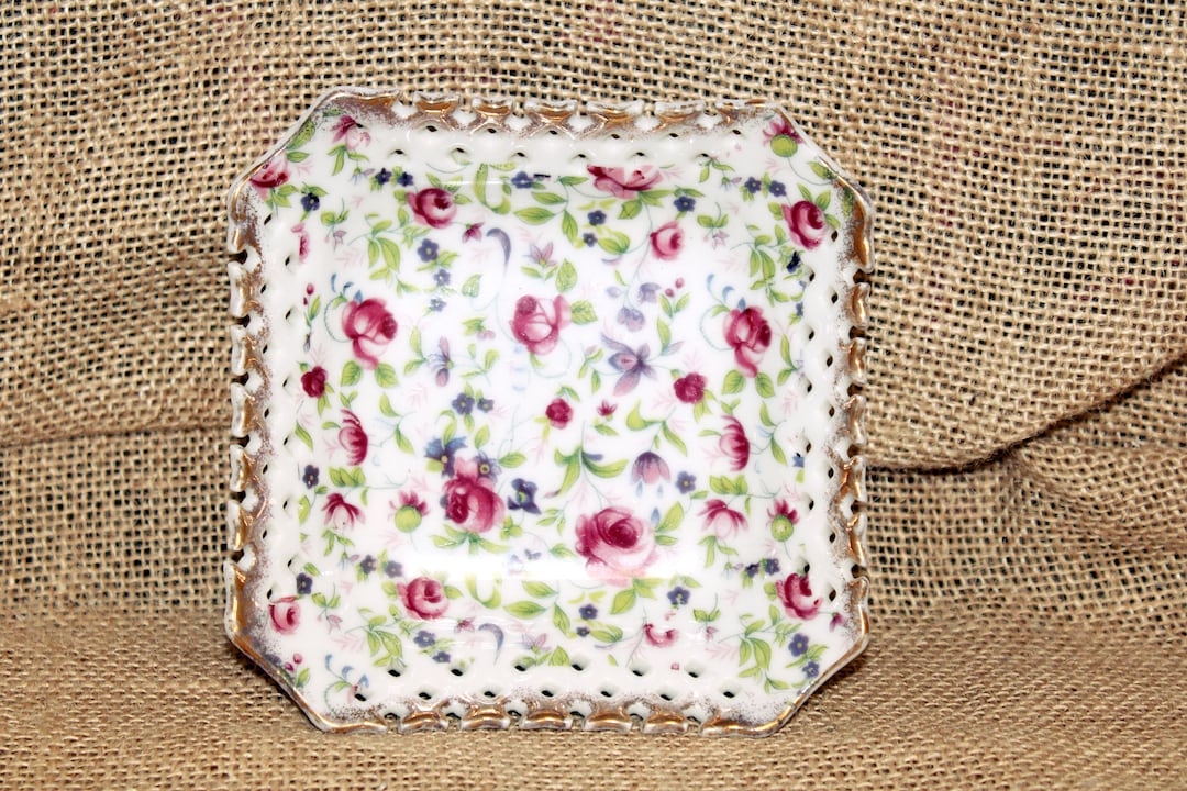 Chintz Purple and Pink Floral Trinket Dish, Ring Holder, Square, Rose ...