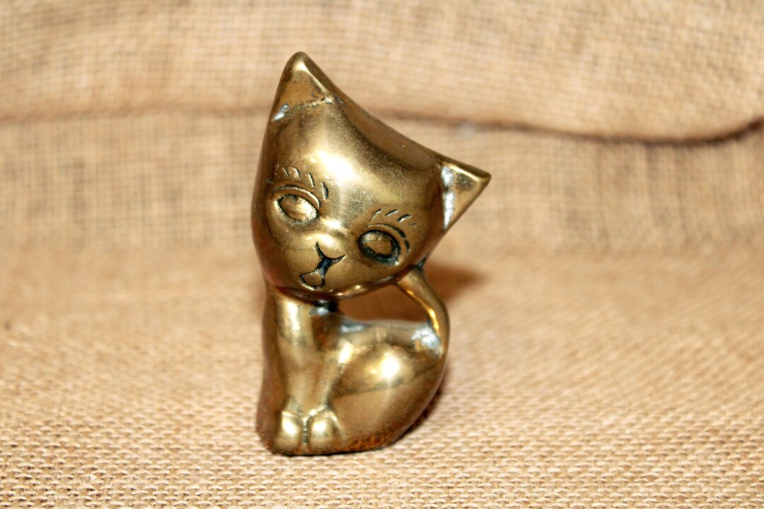 Brass Tone Cat Figurine, Seated, Long Eyelashes, Silly Expression, MCM ...