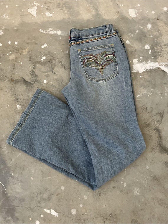 90s y2k NOBO low rise flare bootcut bling pocket jean… - Gem