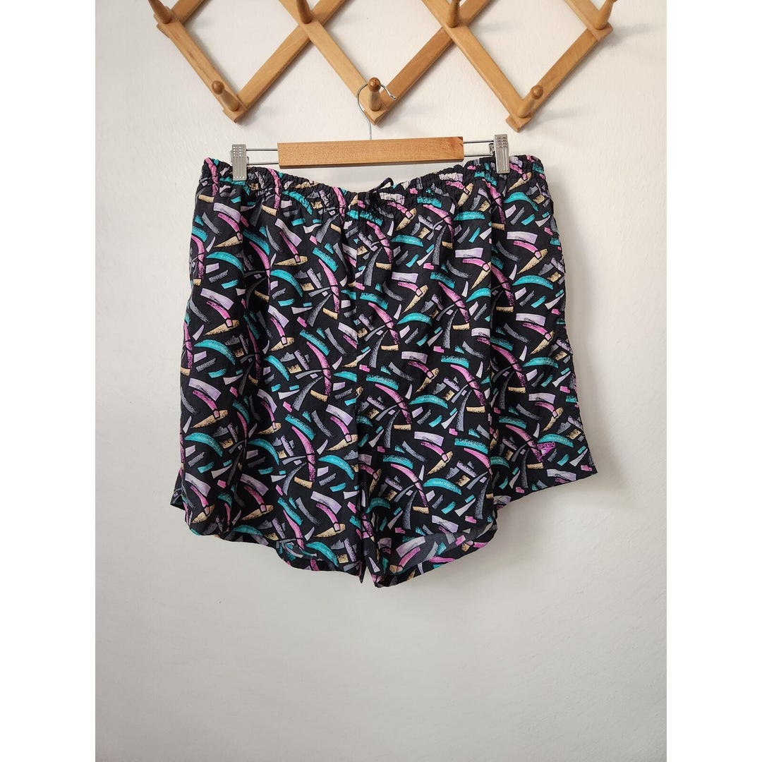 80s 90s Speedo Mens Swim Trunks Colorful Funky Print Drawstring 34 ...