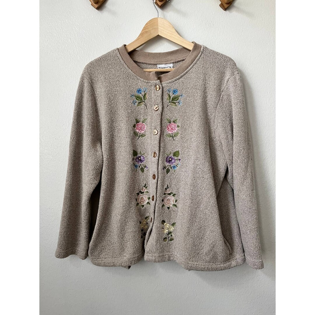 Vintage Bonworth Tan Embroidered Floral Button Front Cardigan Sweater ...