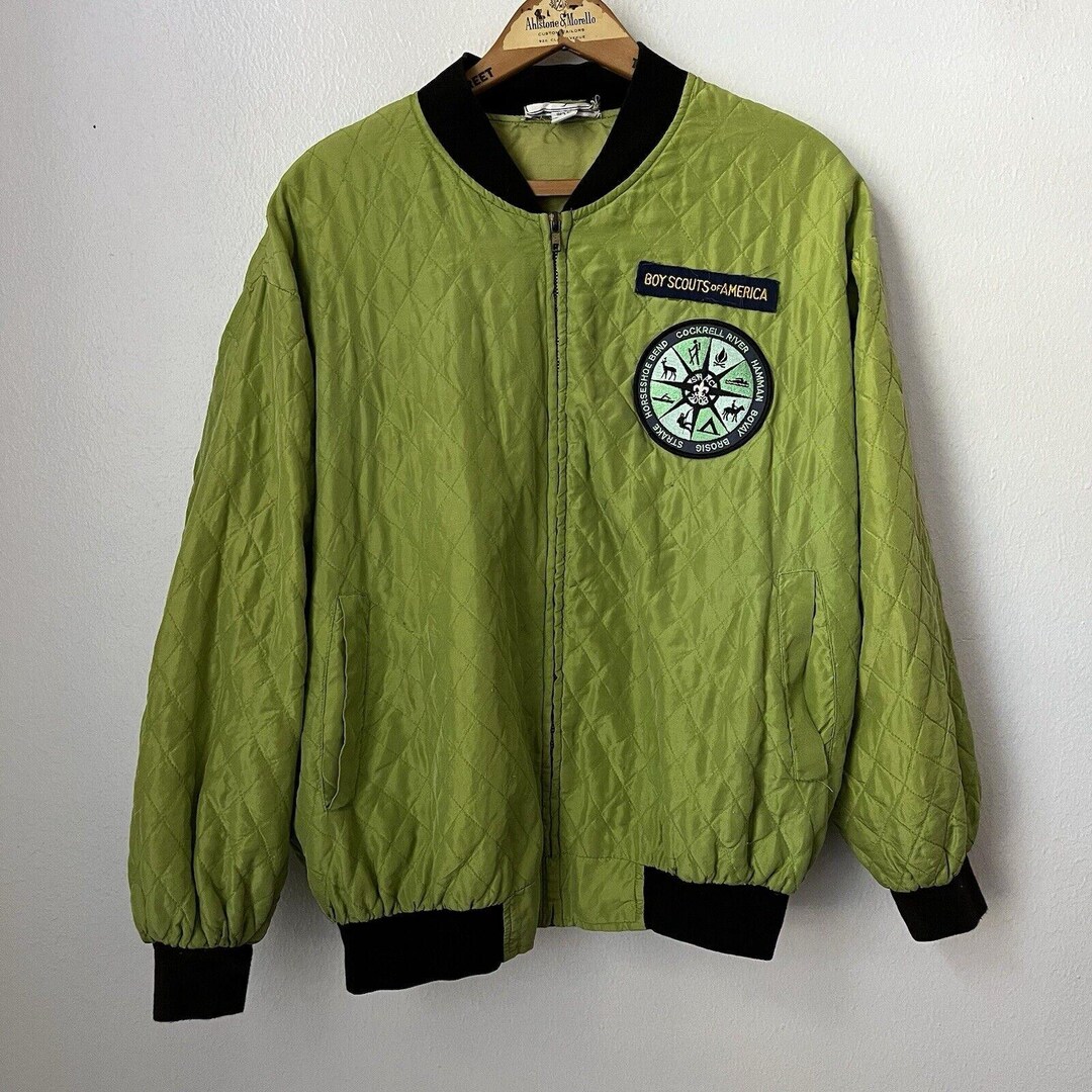 Y2k Lime Green Quilted Silk Zipper Jacket Boy Scouts 2003 Cockrell ...