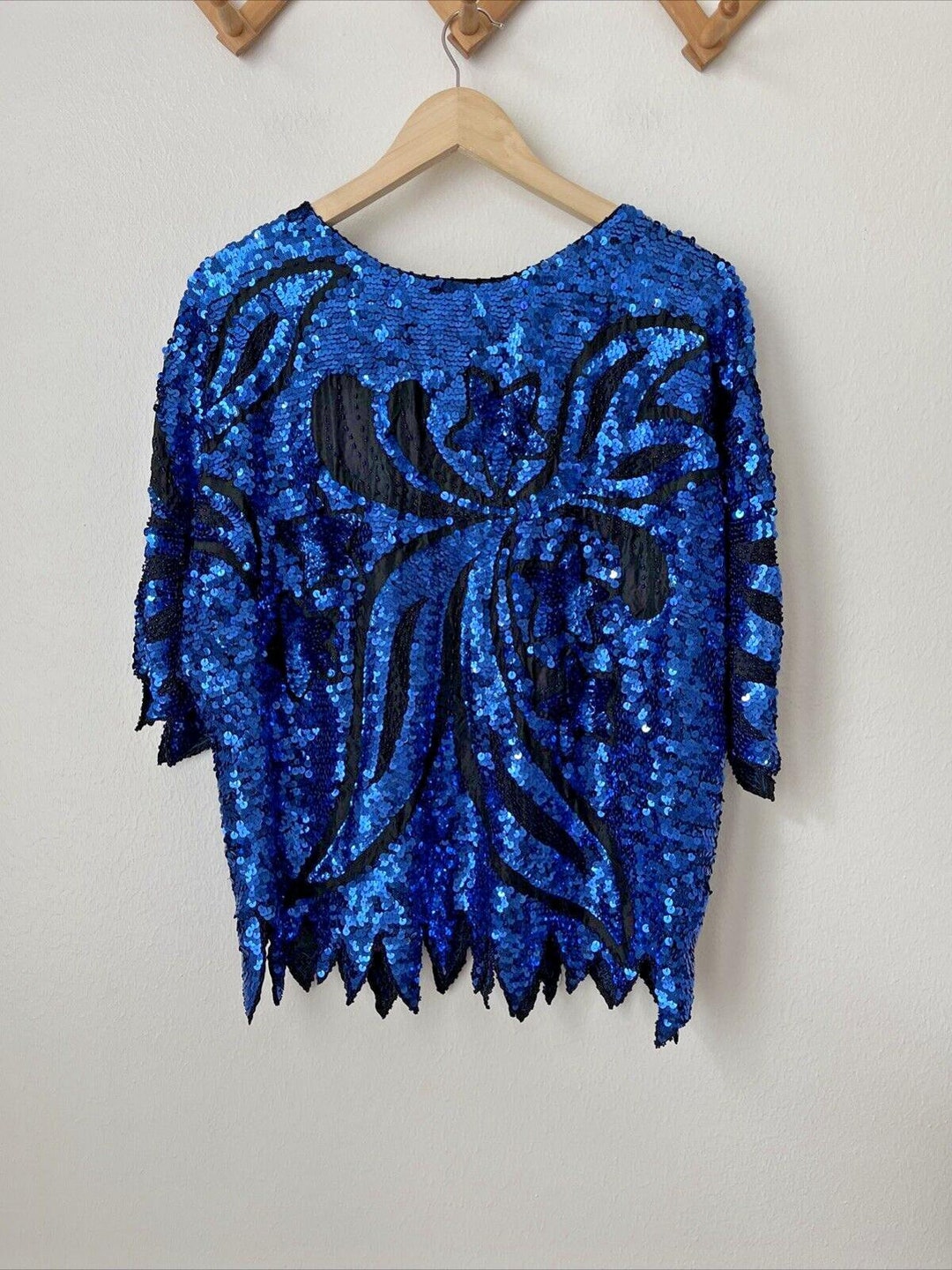 Vtg SILK Blue Black Sequin Formal Womens Top Jagged Hem 80s Vibe M/L - Etsy