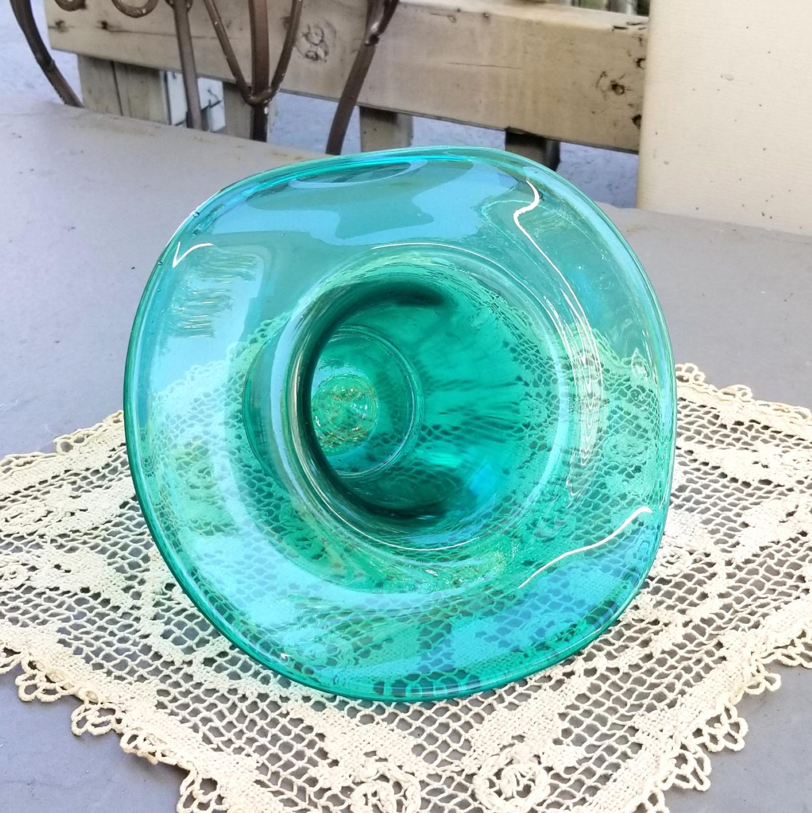 Art Glass Vase Turquoise Vintage Mold Blown Basket Liner - Etsy