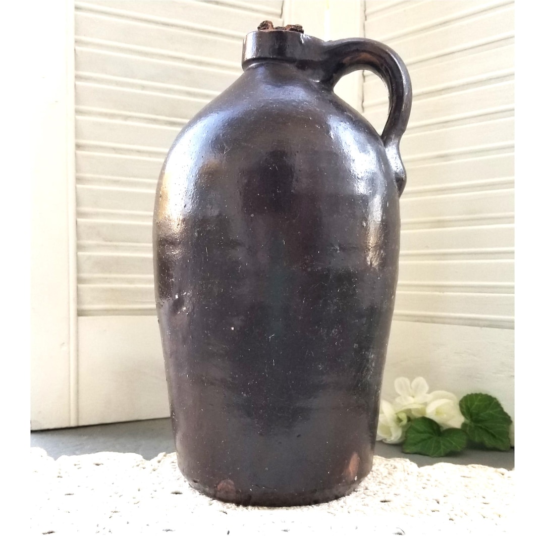 Antique Stoneware Jug Rustic Farmhouse Pottery 10" Brown Glaze With ...