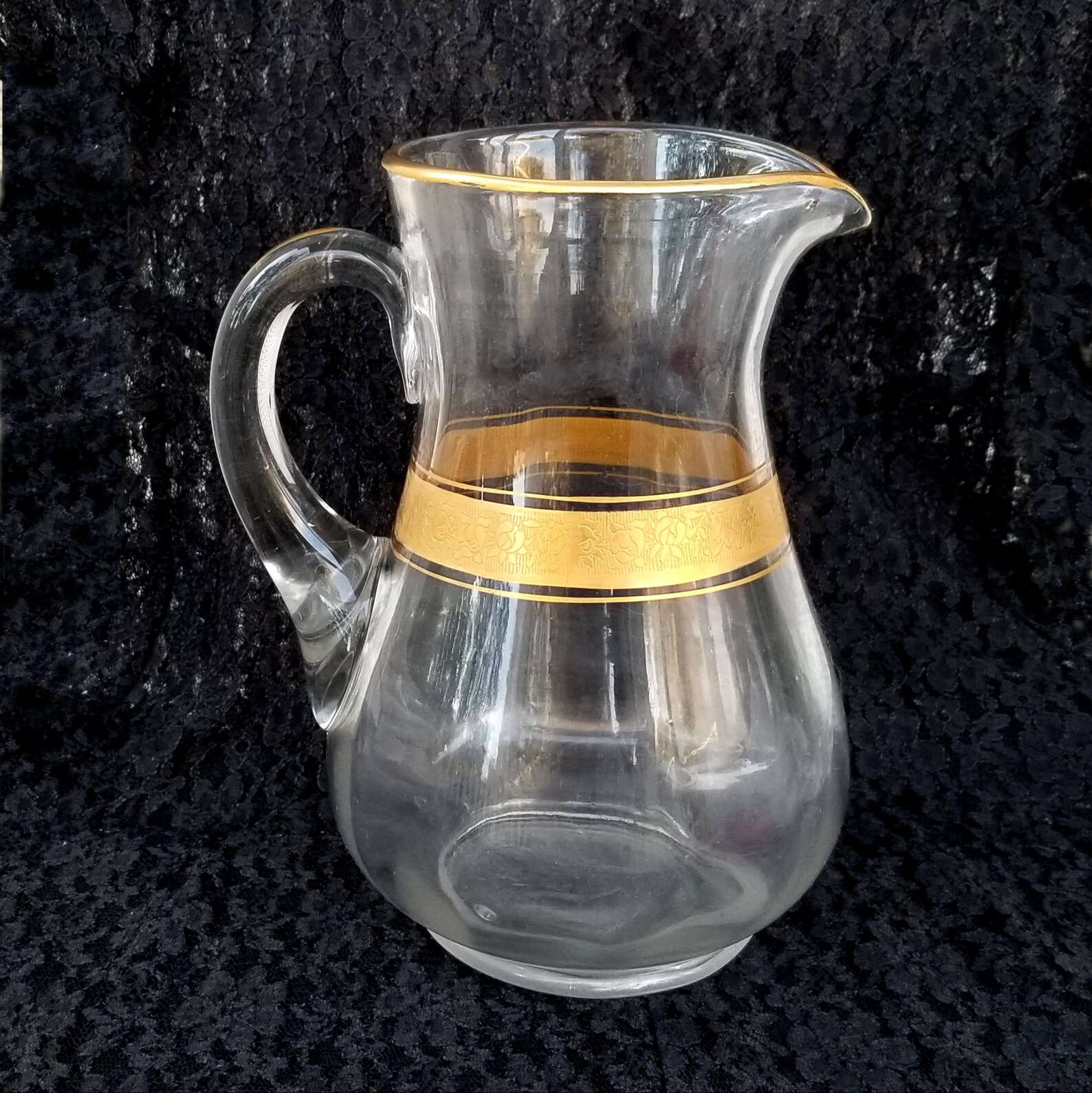 Crystal Elegant Glass Pitcher With Gold Floral Band and Applied Handle ...