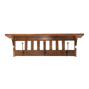 Mission Style Oak Wood Coat Rack With Shelf | Black Wrought Iron Hooks ...