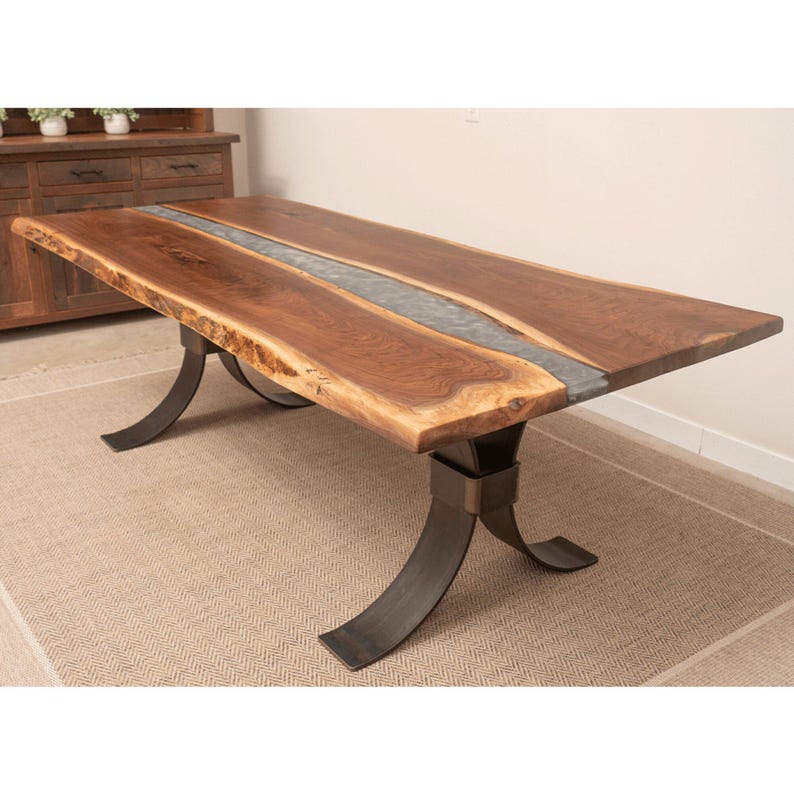 Custom Walnut River Dining Table | Live Edge, Twisted Steel Base - Etsy