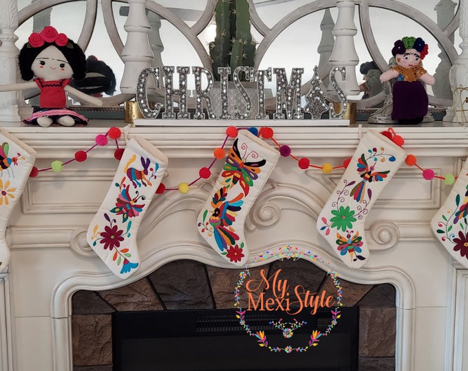 Otomi Embroidered Christmas Stockings, Mexican Stockings, Mexican ...