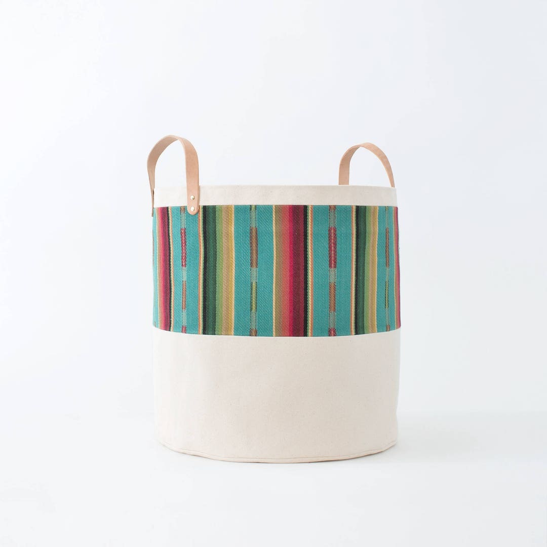 Large Natural Canvas Bucket Basket: Turquoise + Red - Etsy