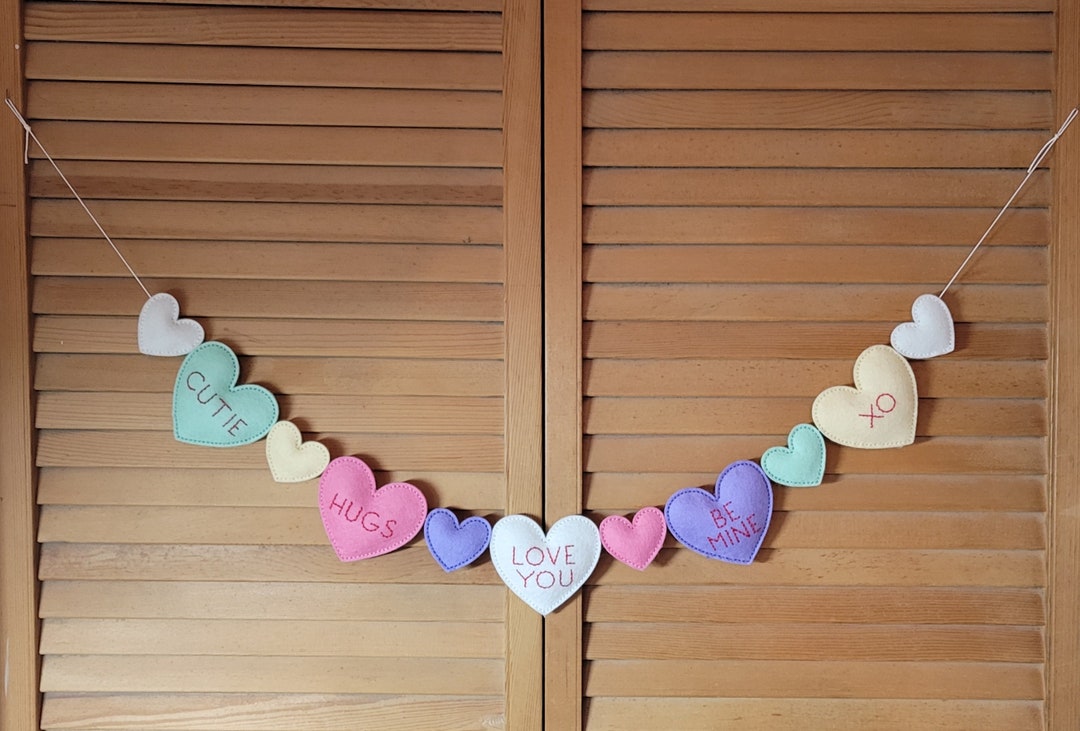 Conversation Hearts, Valentine Decor, Handstitched Gift, Wool Heart ...