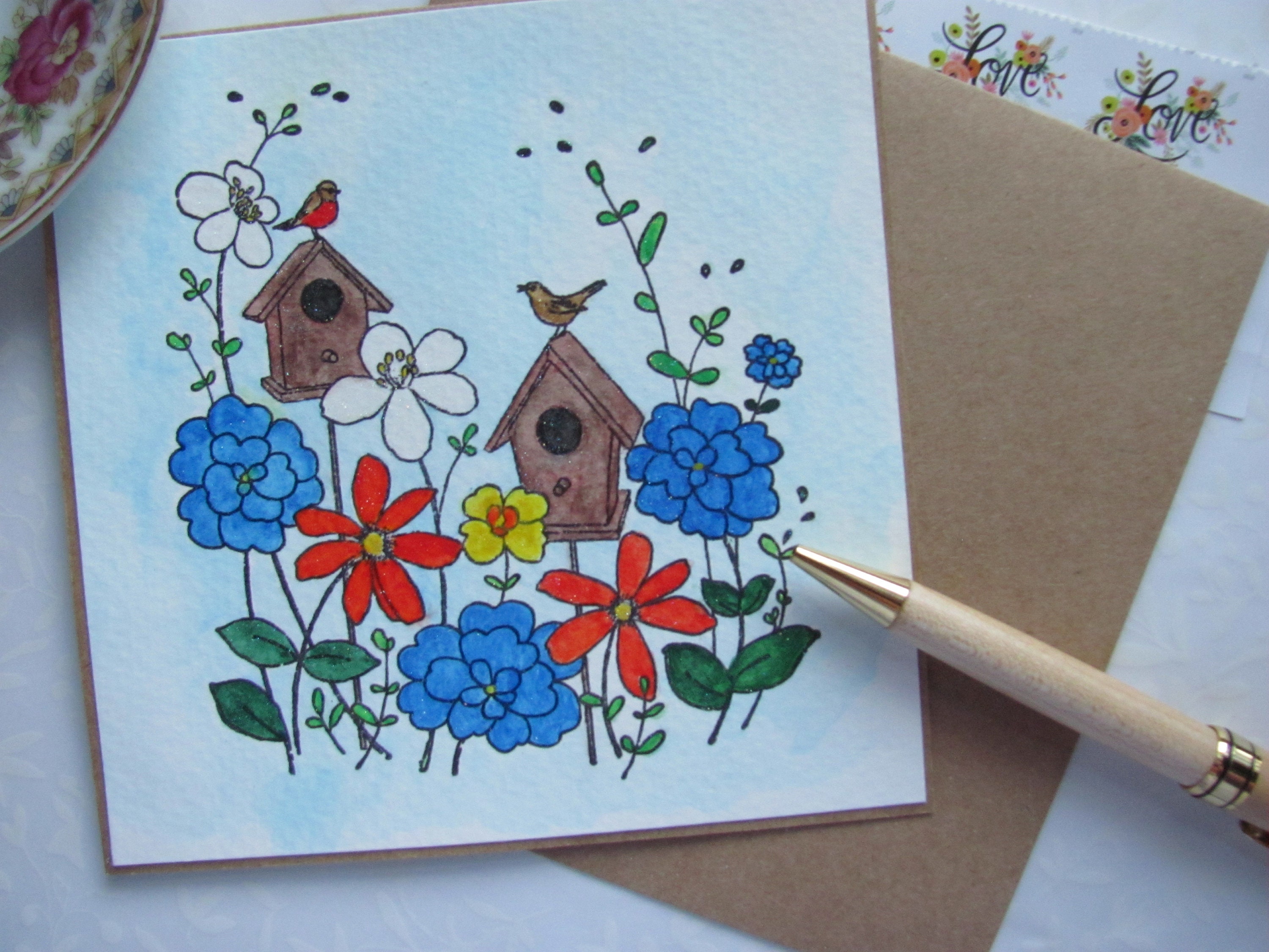 Garden Greeting Card, Garden Theme Card, Birds and Flowers, Watercolor ...